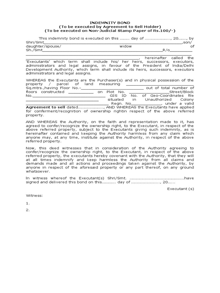 Indemnity Bond (To Be Executed by Agreement To Sell Holder) (To Be ...