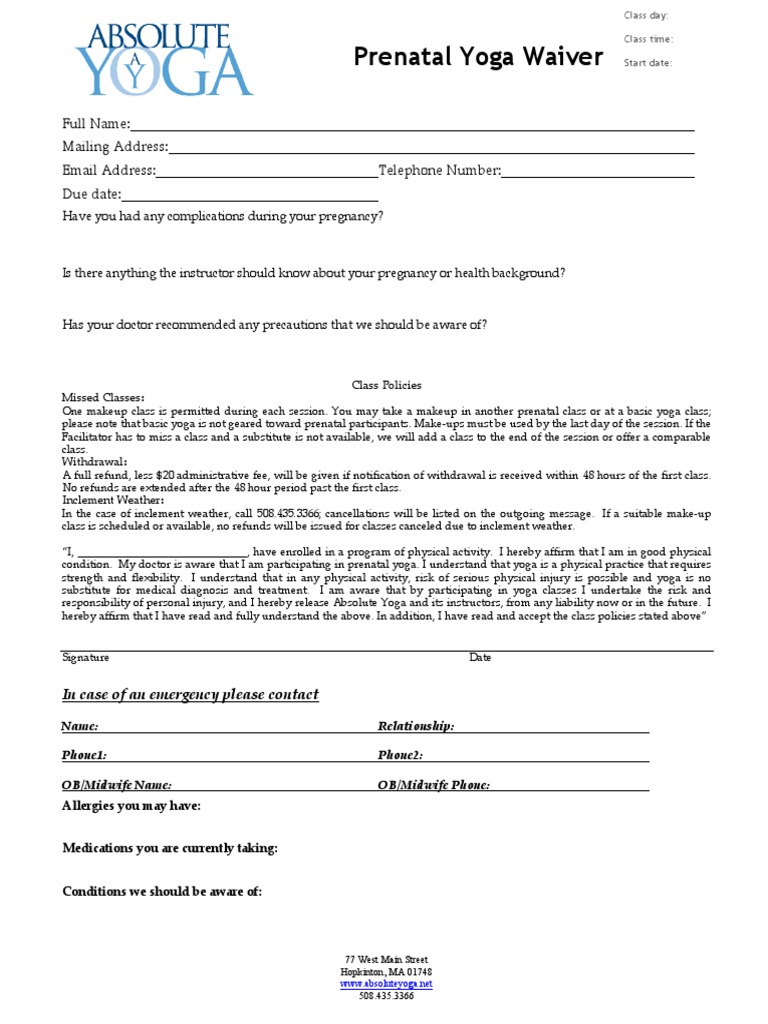 Prenatal Yoga Waiver: Full Name: Mailing Address: Email Address ...
