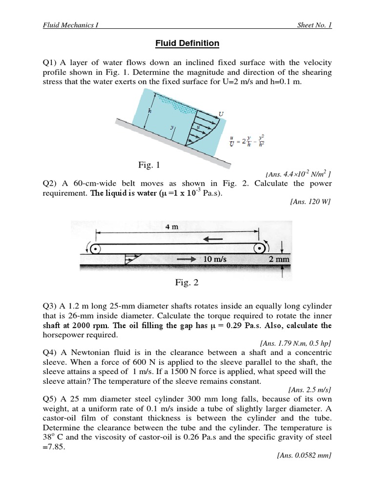 Sheet 1-Fluid Definition | PDF | Fluid Mechanics | Dynamics (Mechanics)