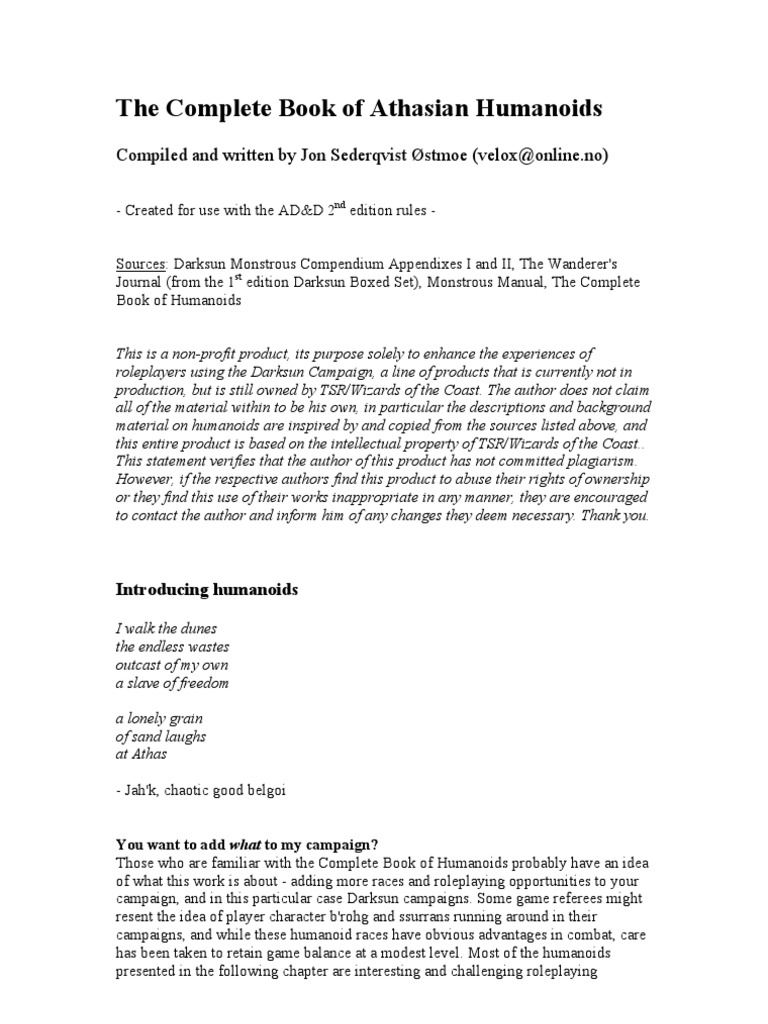 Netbook - Dark Sun - Complete Book of Athasian Humanoids | PDF