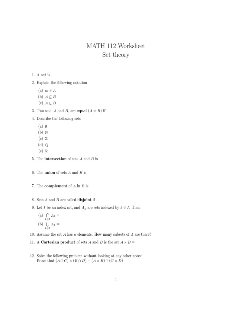 Set Theory Worksheet for MATH 112 | PDF