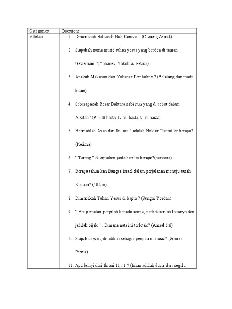 Kuis Alkitab untuk Sekolah Minggu | PDF | Olahraga & Rekreasi | Ilmu Sosial