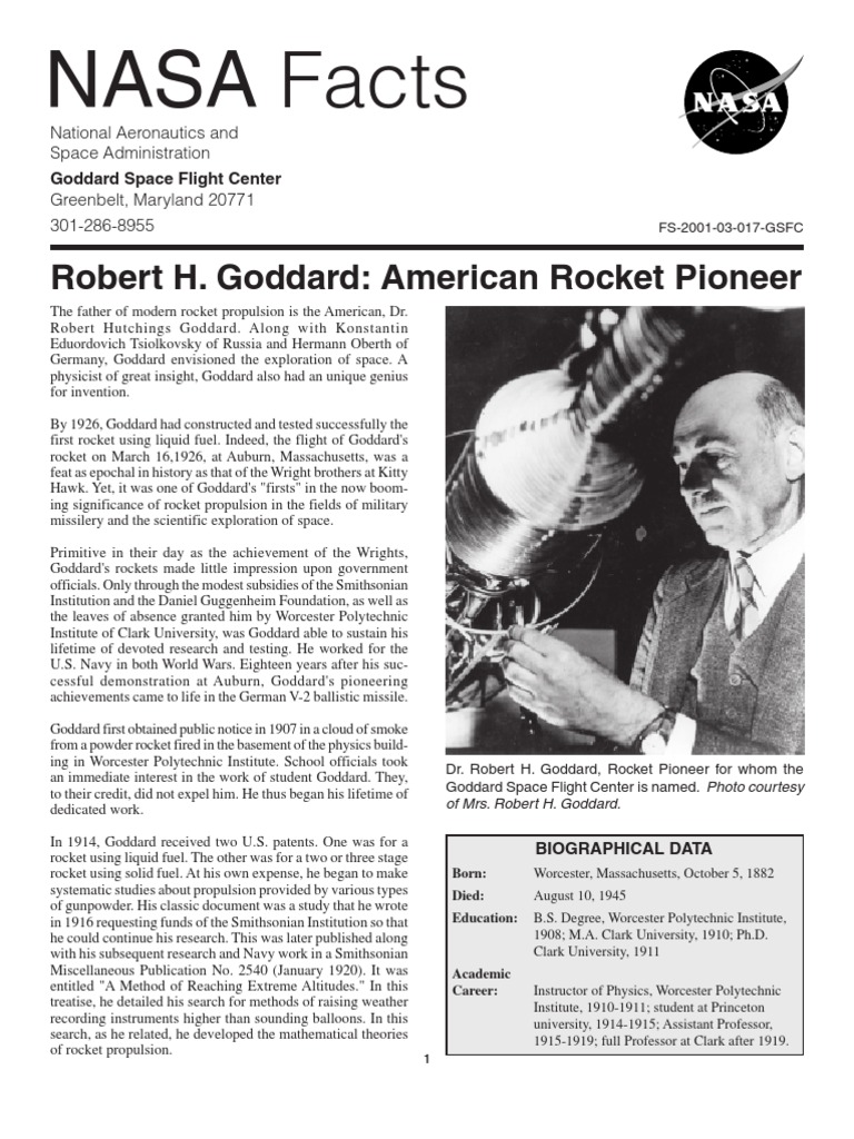 NASA Facts Robert H Goddard American Rocket Pioneer | Rocket | Goddard ...