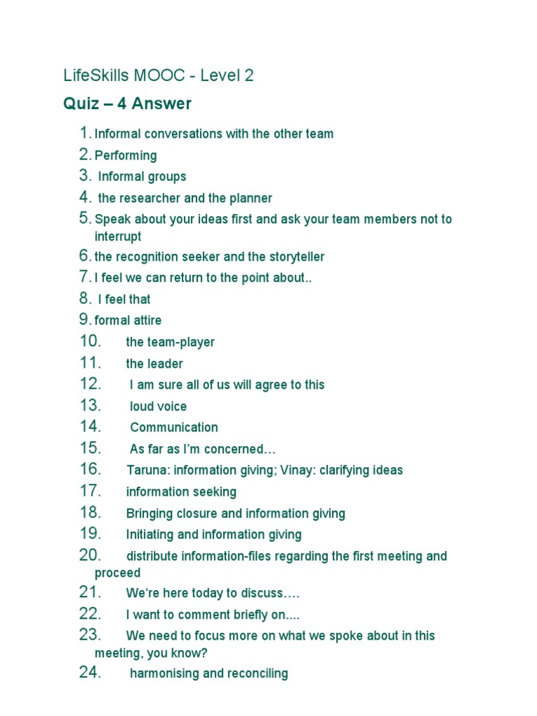 LifeSkills MOOC Level 2 Quiz 4 Answers | PDF
