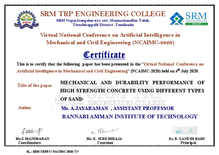 Certificate: SRM TRP Engineering College | PDF