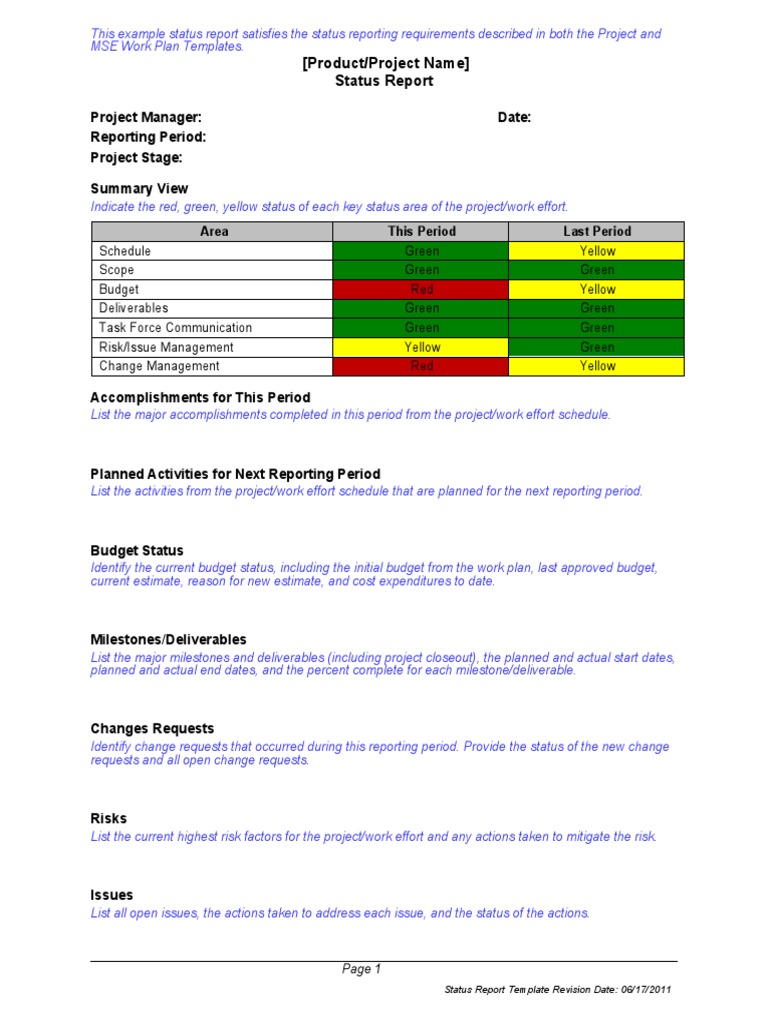 Project Manager: Date: Reporting Period: Project Stage: Summary View ...
