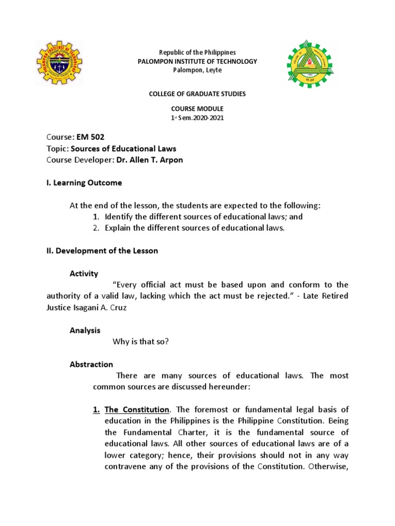 Sources of Educational Laws in the Philippines | PDF | Precedent ...