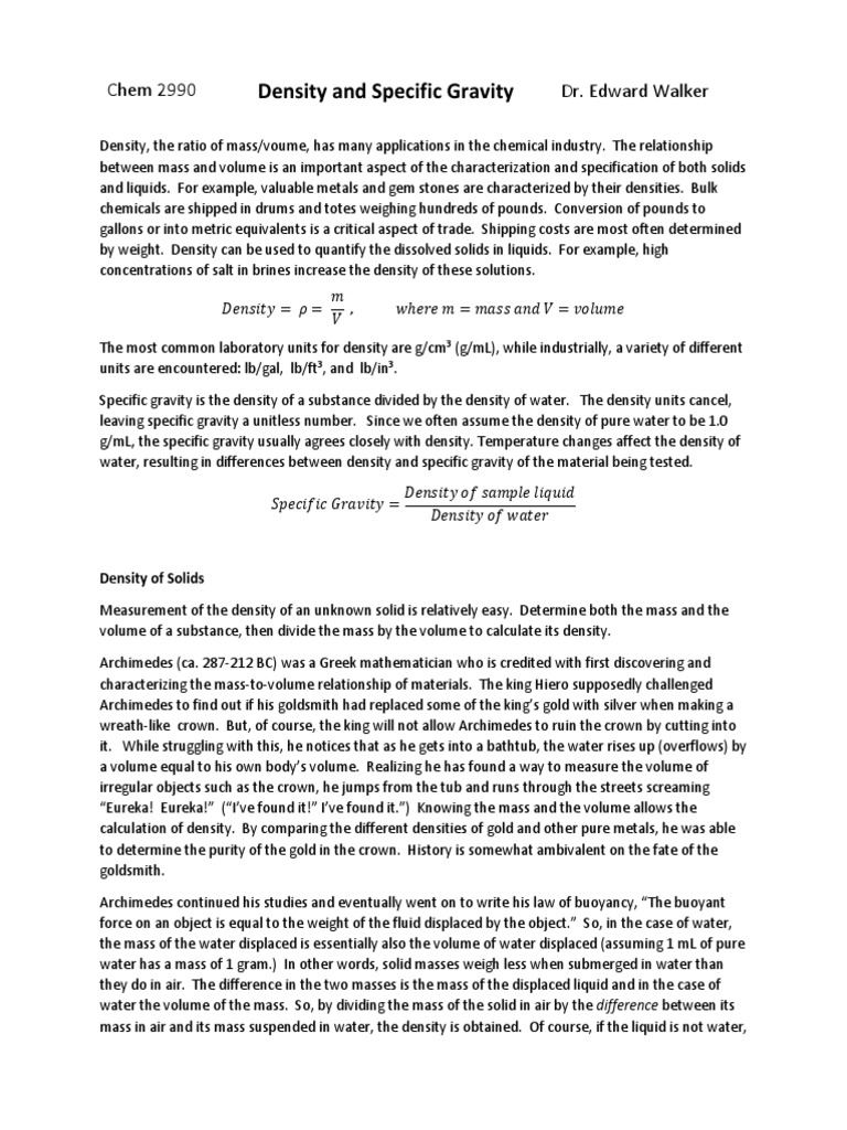 Chem 2990 Specific Gravity Readings Rev2 | PDF | Density | Buoyancy