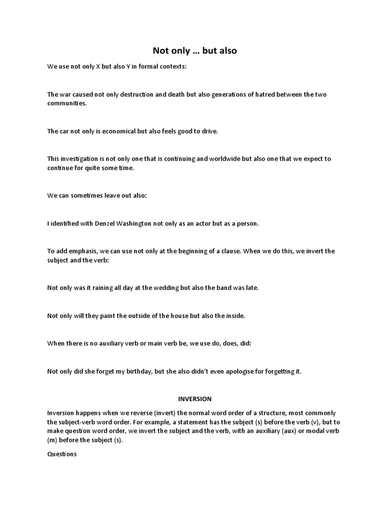 Not Only But Also: Inversion | PDF | Verb | Subject (Grammar)