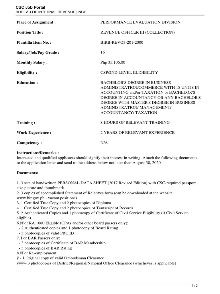 Revenue Officer III Job Posting | PDF | Government | Business