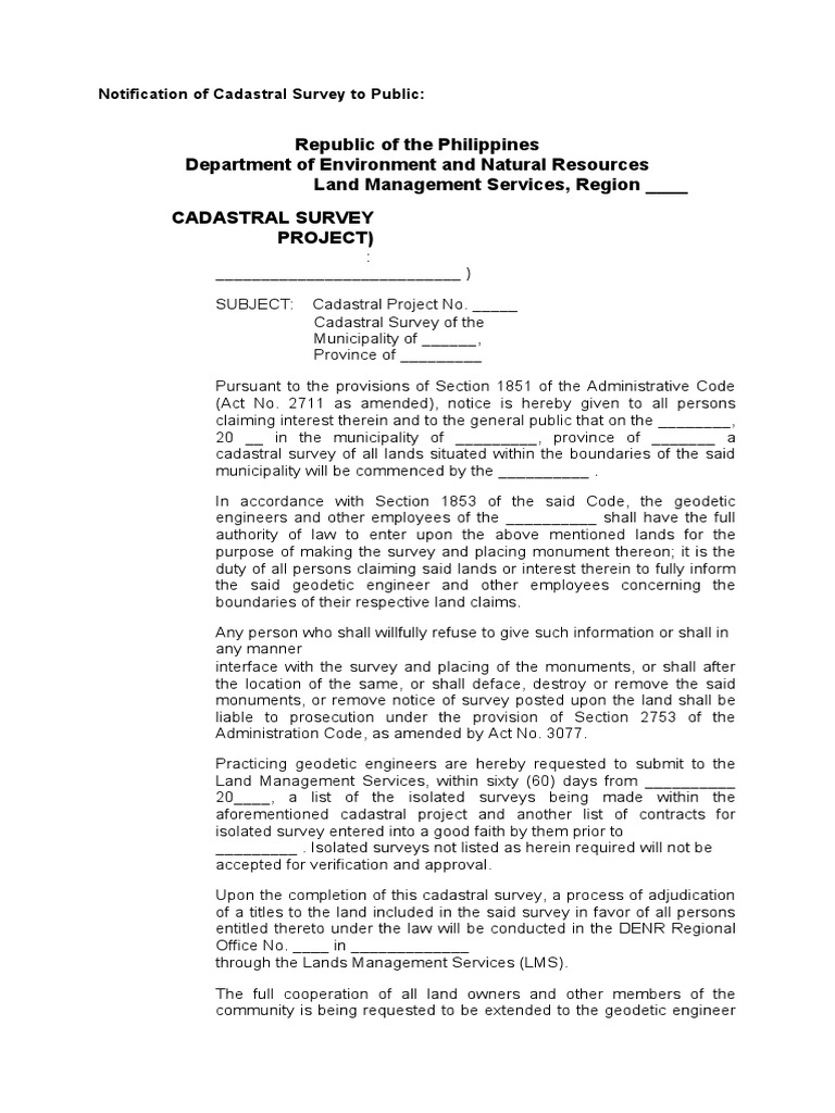 Cadastral Survey Notification Philippines | PDF | Surveying | Property