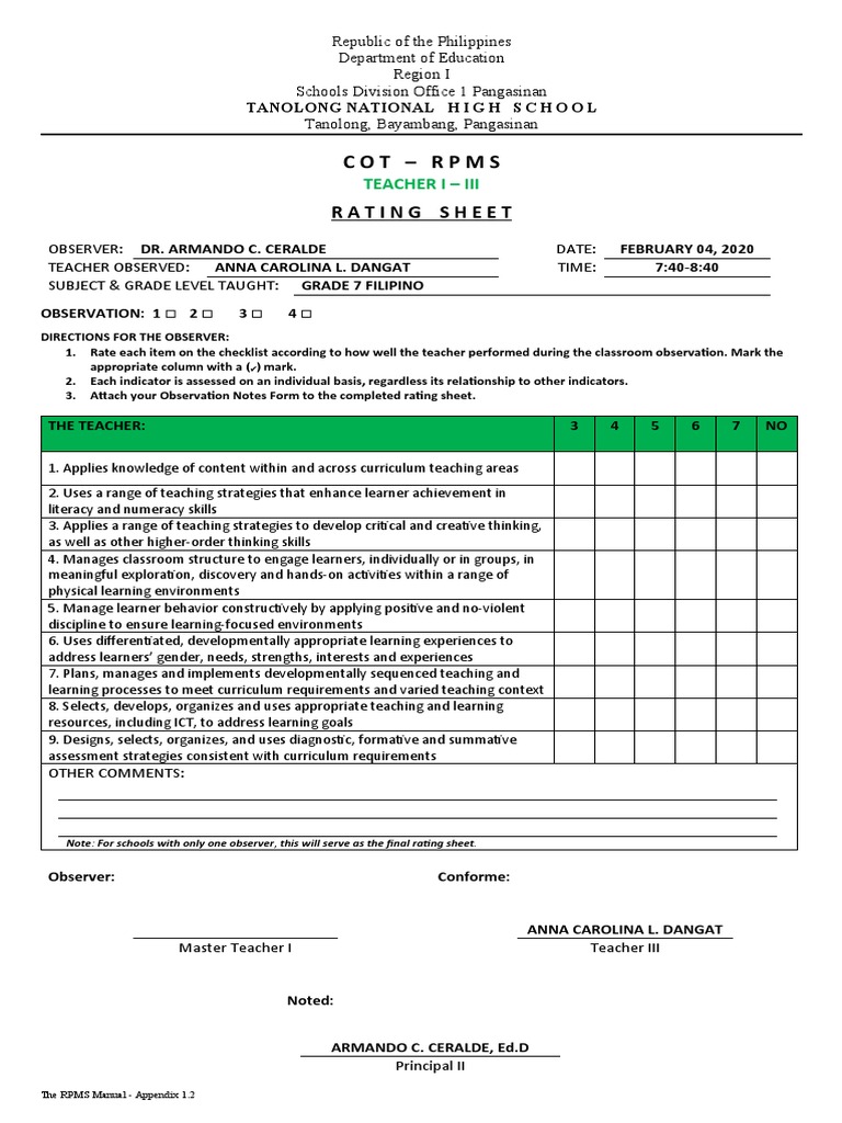 RPMS 2018 COT RPMS Rating Sheet Template | Download Free PDF ...