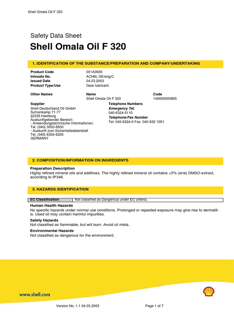 Shell Omala Oil F 320 Safety Data Sheet | PDF | Toxicity | Physical ...