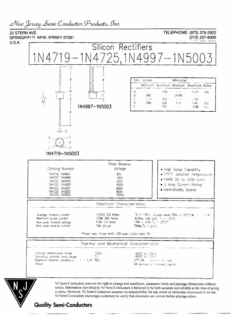 1N4719-1N4725.1N4997-1N5005: Silicon Rectifiers | PDF | Technology ...