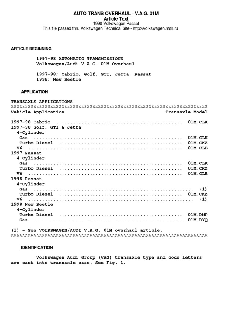 VW 01M Transmission Overhaul Guide | PDF | Manual Transmission ...