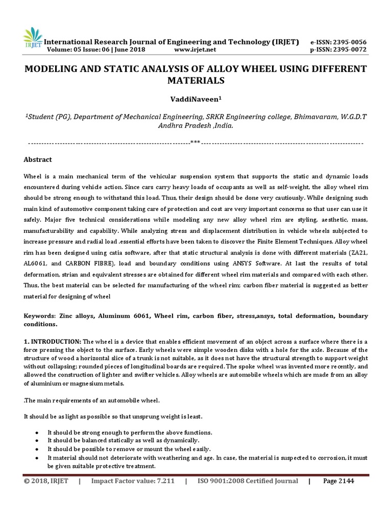 Modeling and Static Analysis of Alloy Wheel Using Different Materials ...