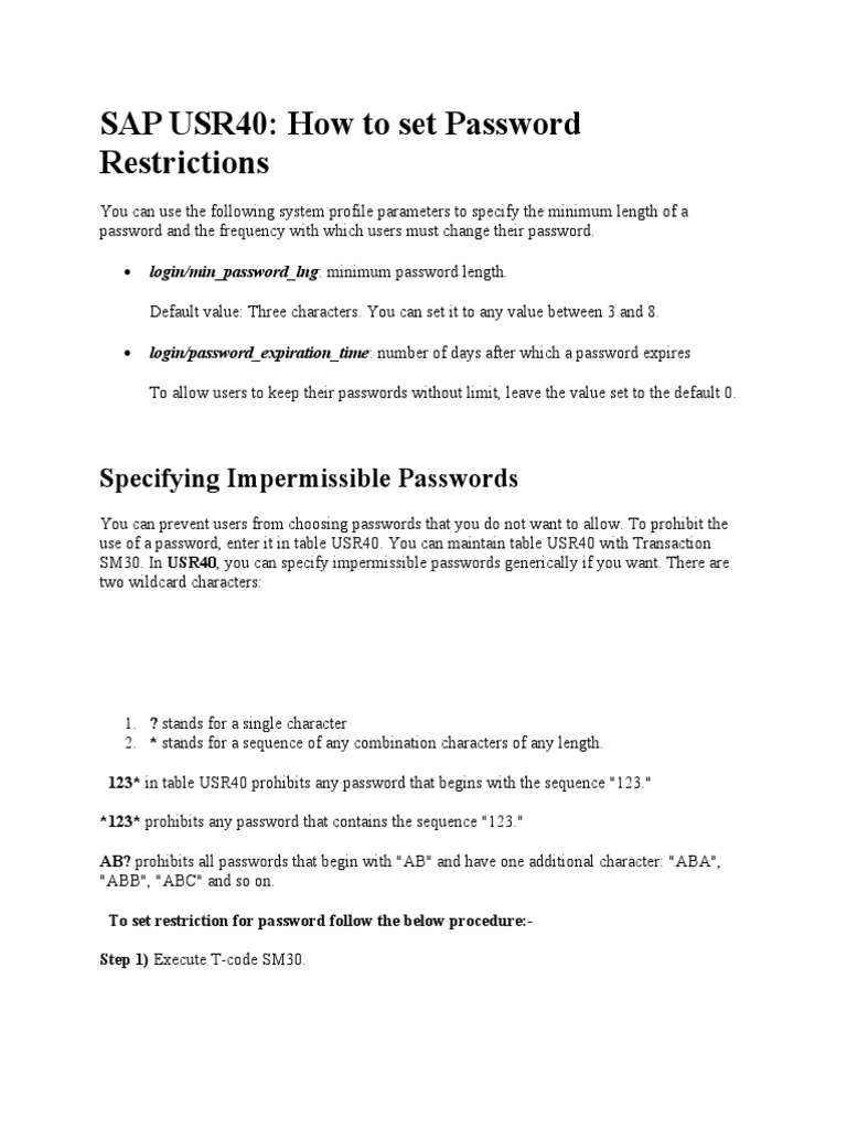 SAP USR40 - How To Set Password Restrictions | PDF