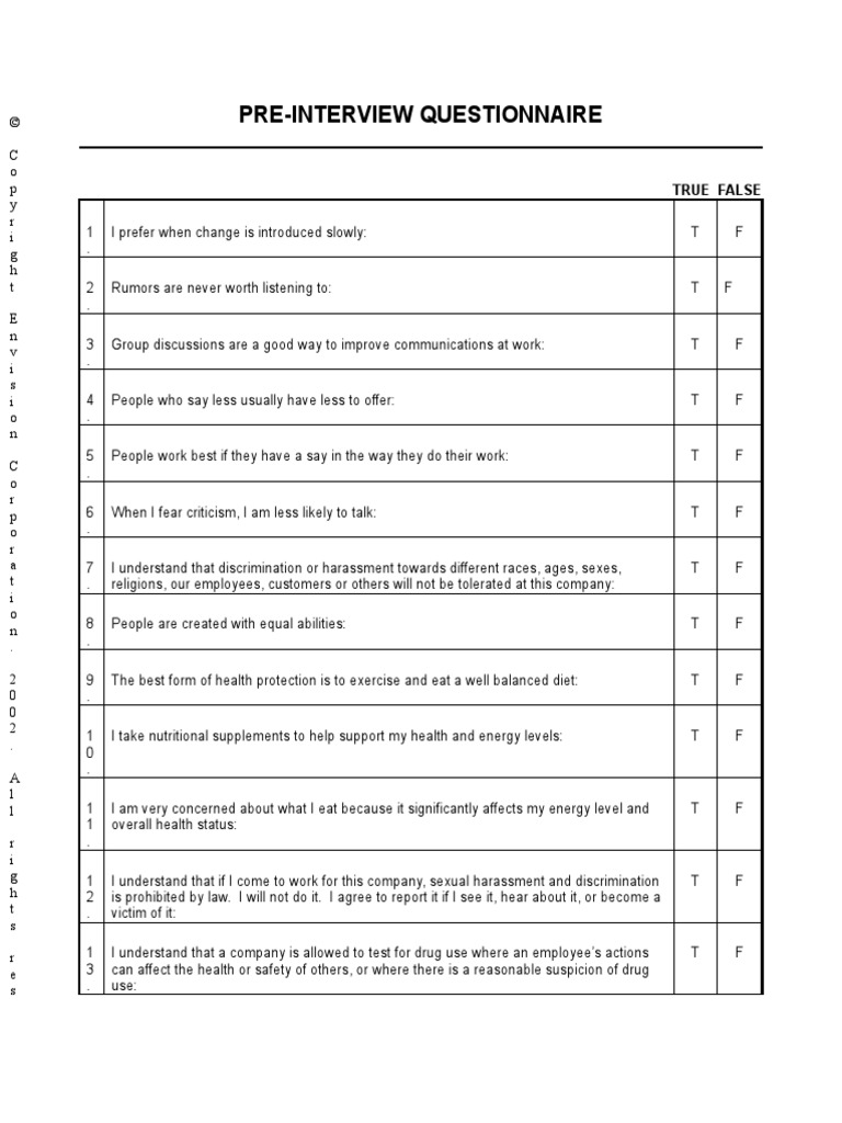 Preinterview Questionnaire | PDF | Sexual Harassment | Copyright