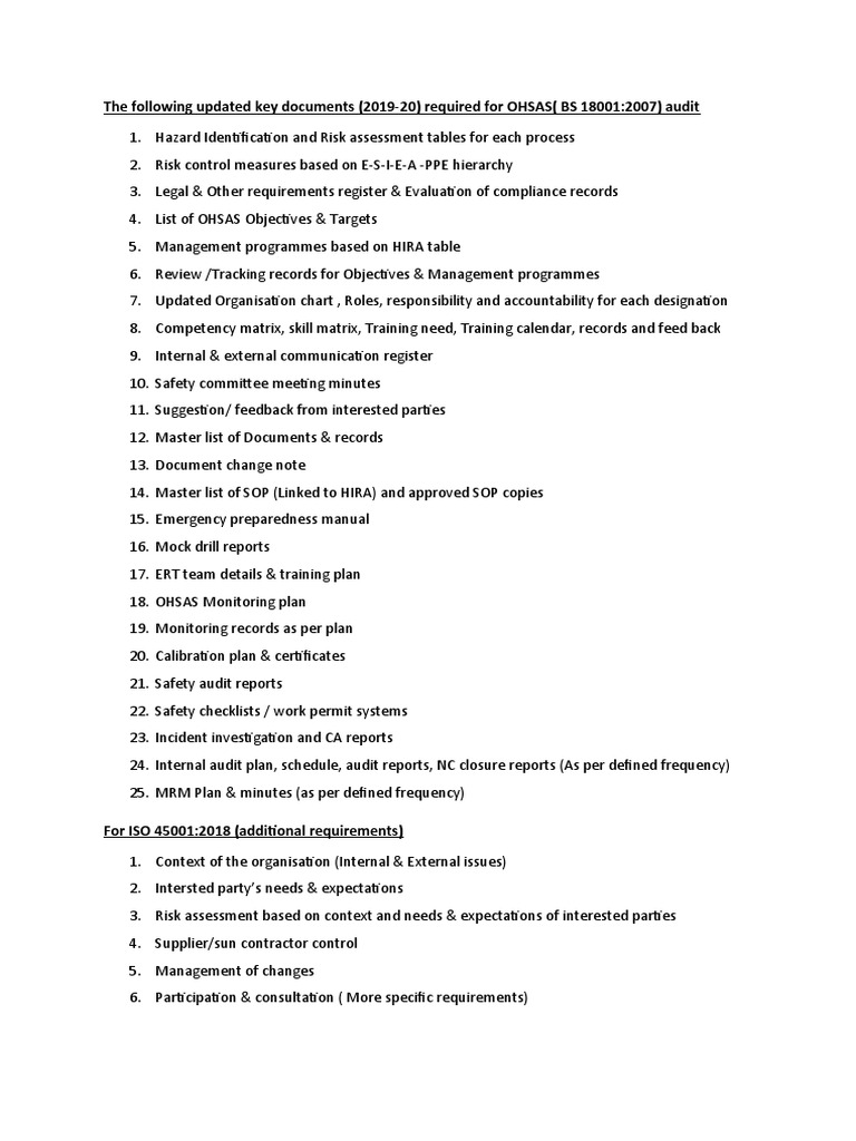 The Following Updated Key Documents (2019-20) Required For OHSAS (BS ...