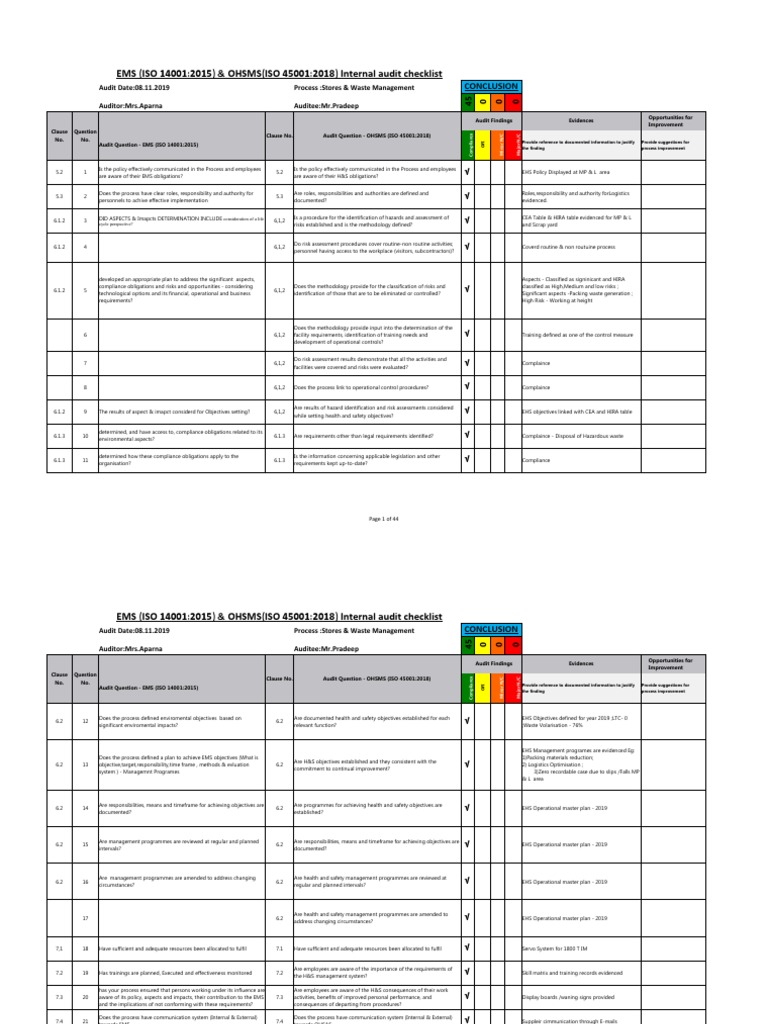 EMS & OHSMS Internal Audit Checklist | PDF | Regulatory Compliance | Audit