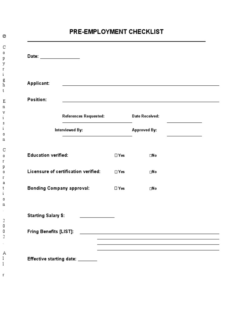 Pre-Employment Checklist: Date | PDF