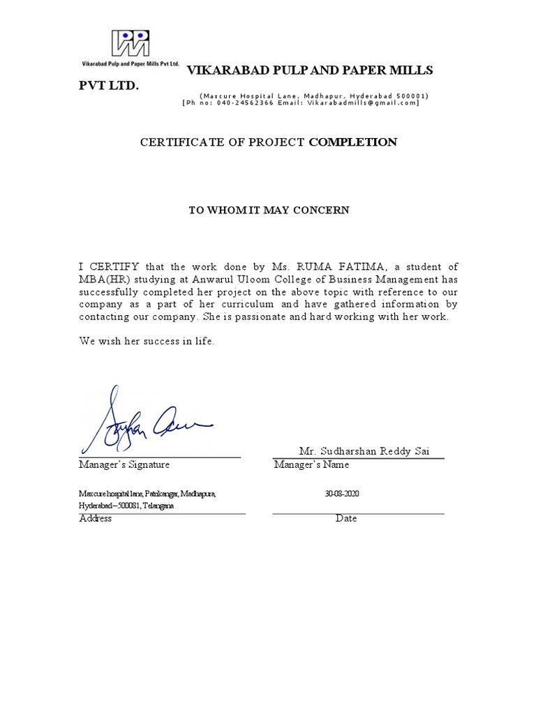 Vikarabad Pulp and Paper Mills PVT LTD.: Certificate of Project | PDF