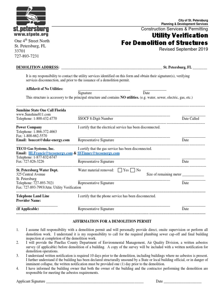 2019 Utility Verification For Demolition of Structures - Form | PDF ...
