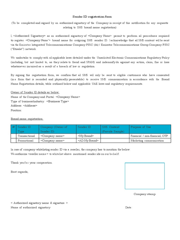 DU NEW UAE Sender ID Registration Form | PDF | Law