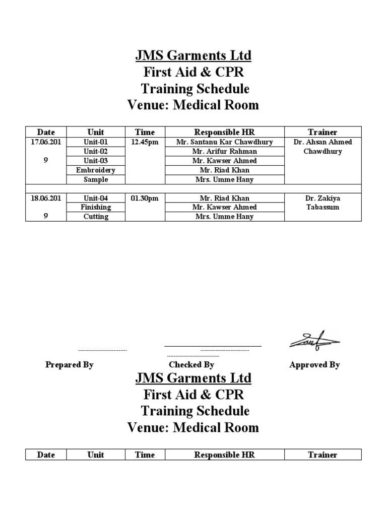 JMS Garments LTD First Aid & CPR Training Schedule Venue: Medical Room ...