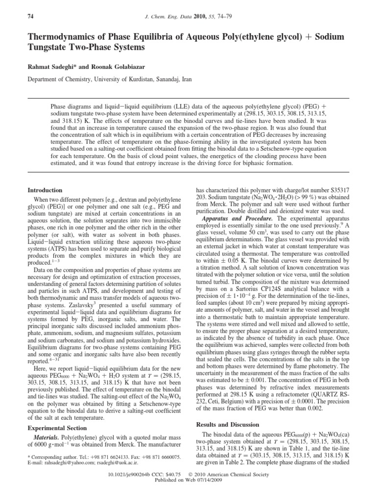Thermodynamics of Phase Equilibria of Aqueous Poly (Ethylene Glycol) + Sodium Tungstate Two ...