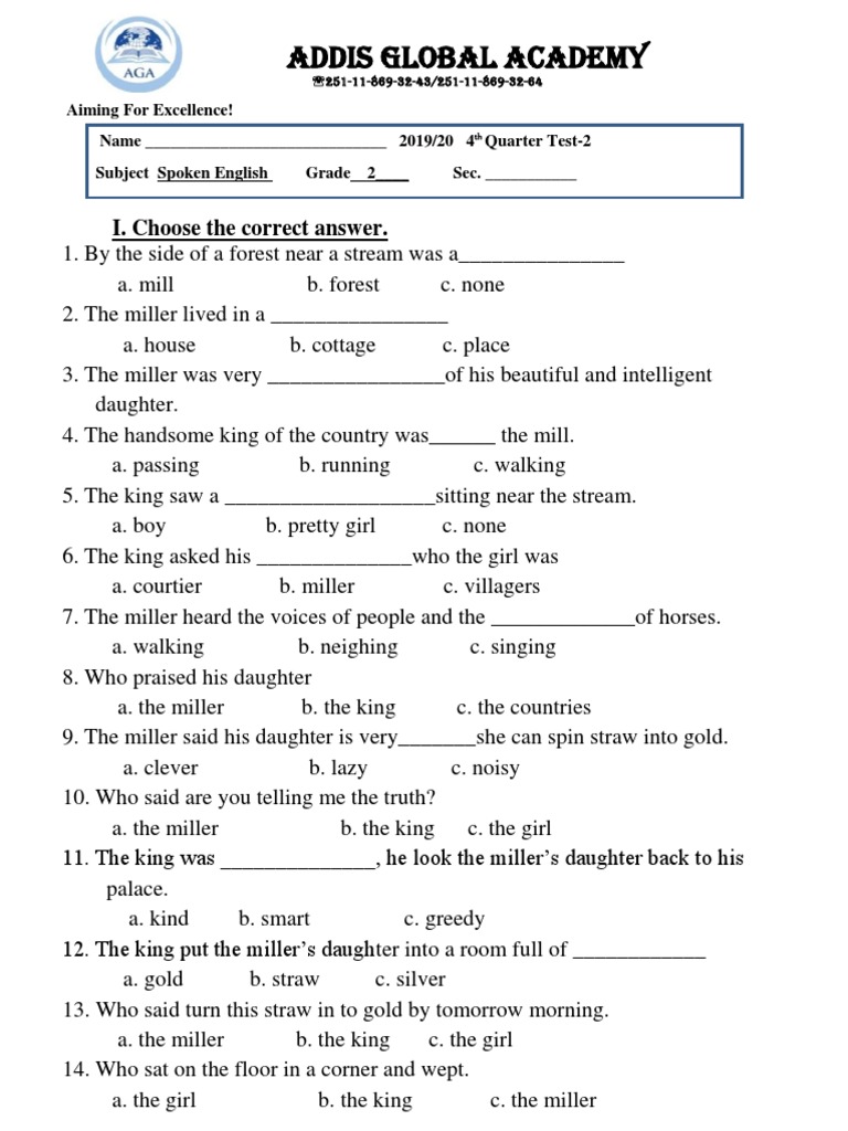 Addis Global Academy: I. Choose The Correct Answer | PDF