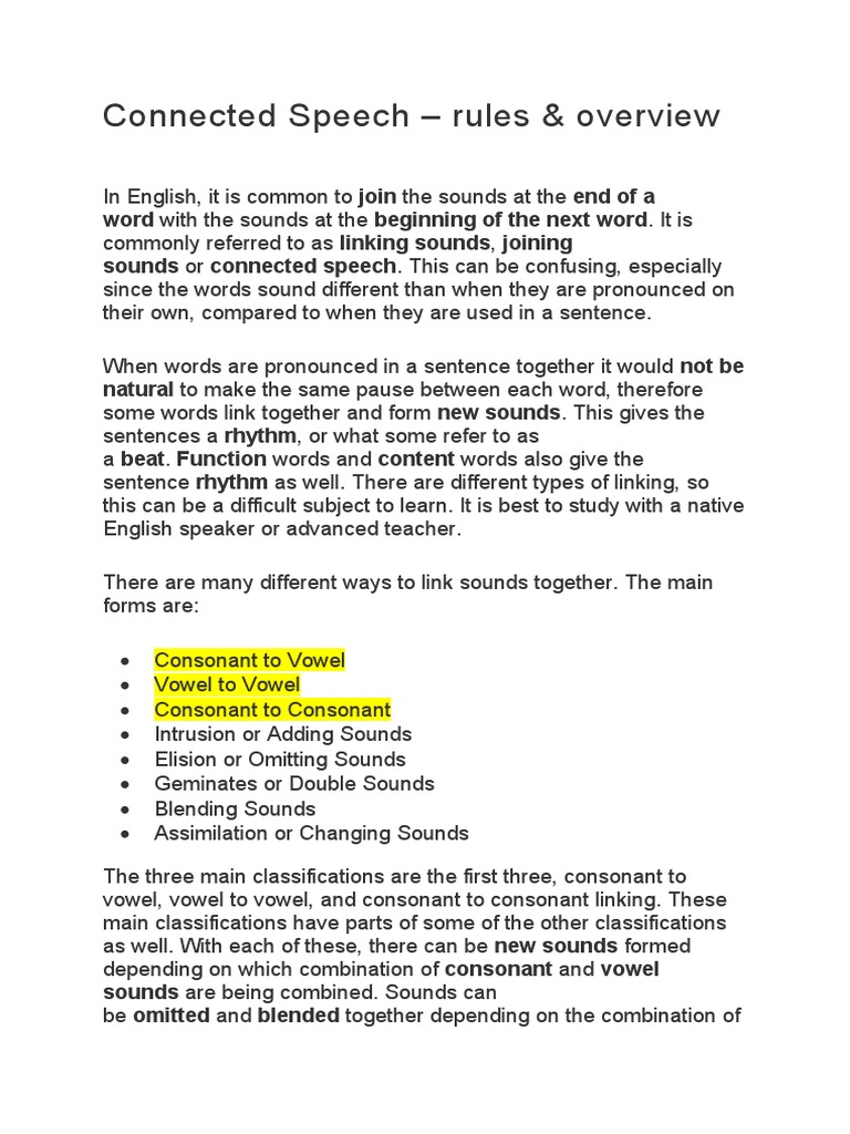 Connected Speech - Rules & Overview | PDF | Consonant | Vowel
