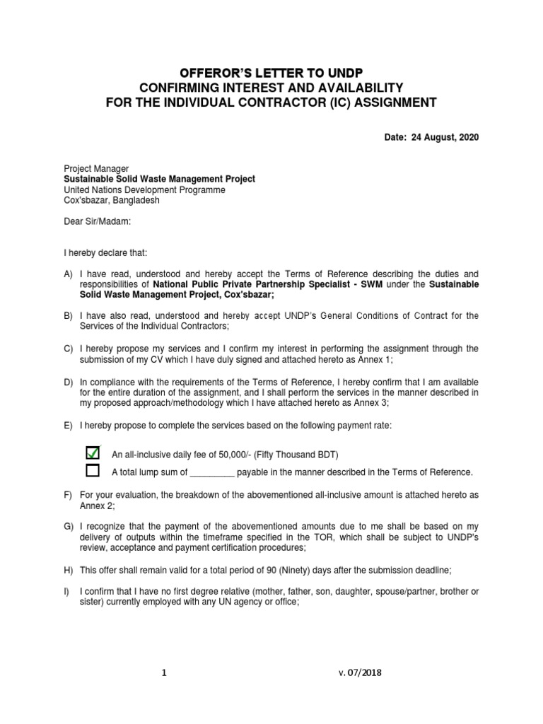 Offeror'S Letter To Undp Confirming Interest and Availability For The ...