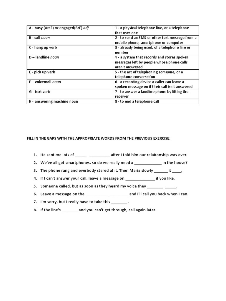 Telephone Vocabulary Exercises | PDF