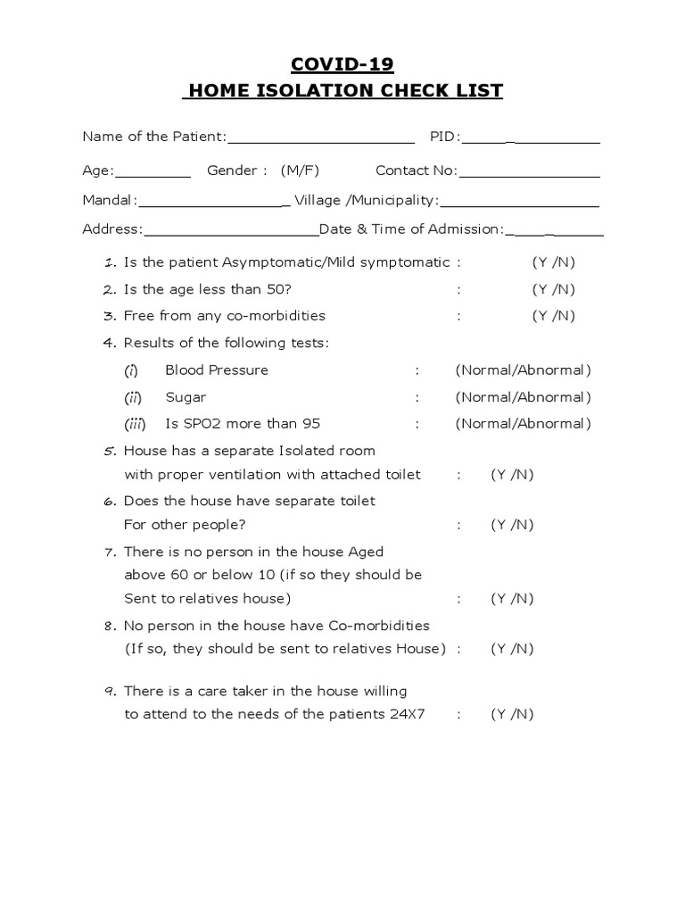 COVID-19 Home Isolation Check List | PDF