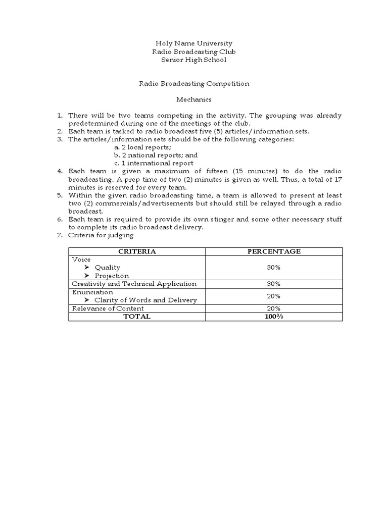 Radio Broadcasting Competition Mechanics and Evaluation Sheet | PDF ...