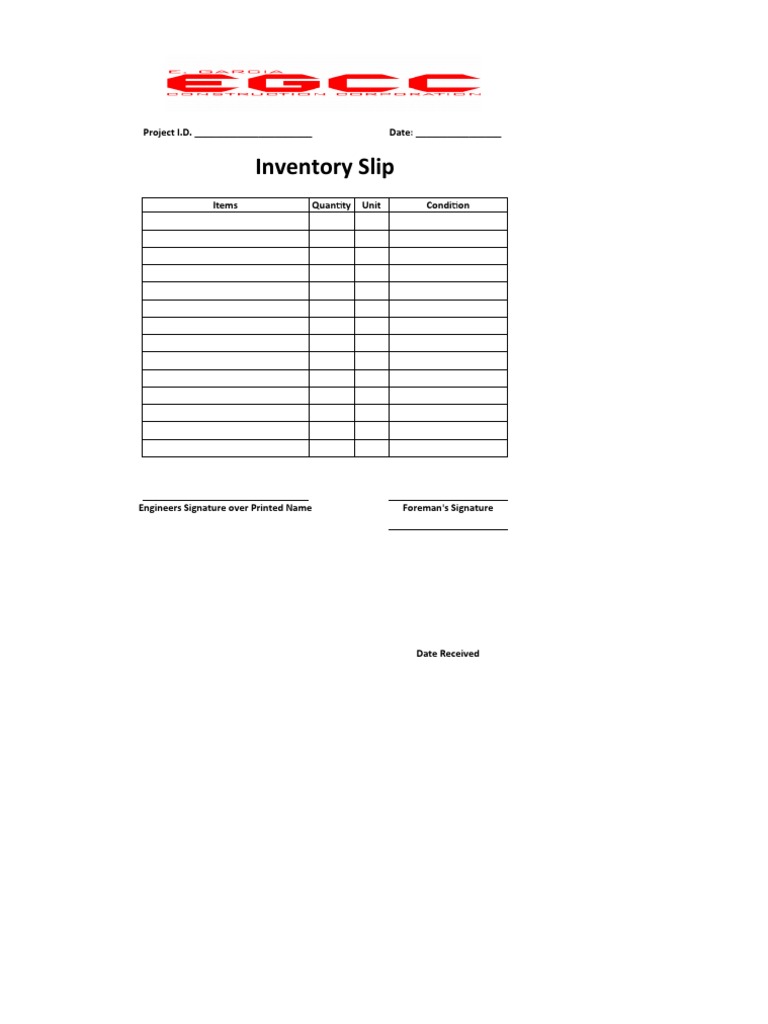 Inventory Slip: Project I.D. - Date | PDF