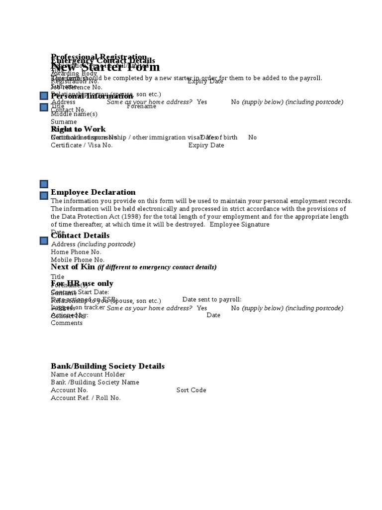 New Starter Form: Emergency Contact Details Professional Registration | PDF