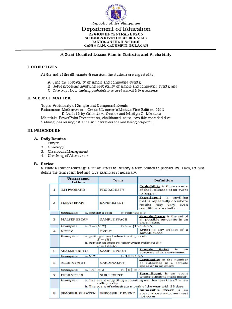 Department of Education: A Semi-Detailed Lesson Plan in Statistics and ...