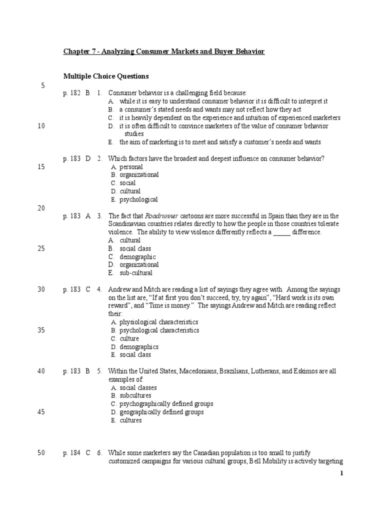 Chapter 7 - Analyzing Consumer Markets and Buyer Behavior Multiple ...