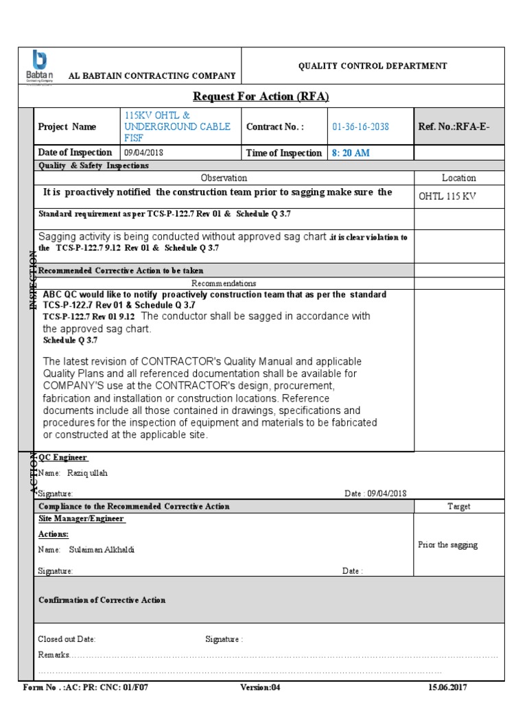 F07 - RFA - Form No. AC-PR-NCR-01-F07 Dated 15.06.2017 30 | PDF | Business