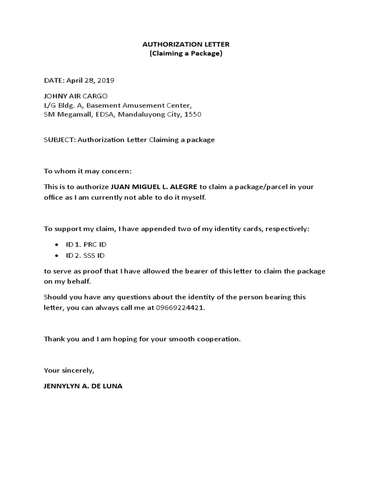 Authorization Letter for Package Claim | PDF