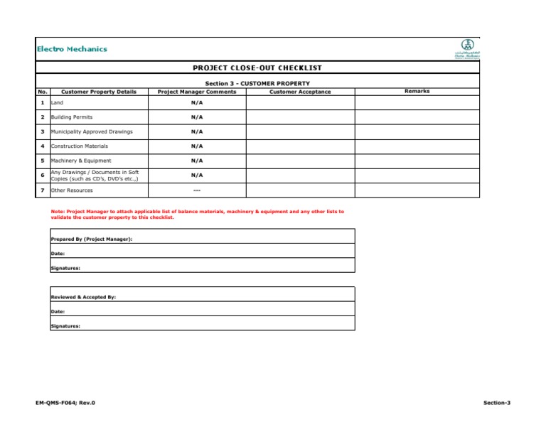 Project Close-Out Checklist (3 Sections) | PDF