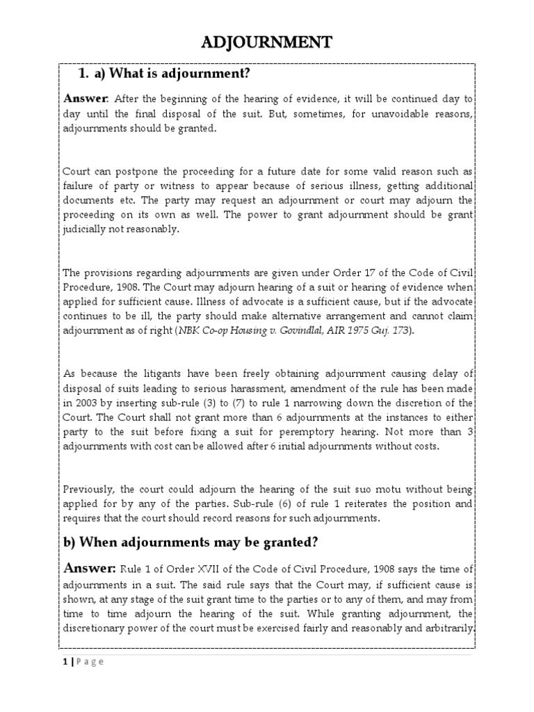 Adjournment: 1. A) What Is Adjournment? | PDF | Legal Procedure | Lawsuit