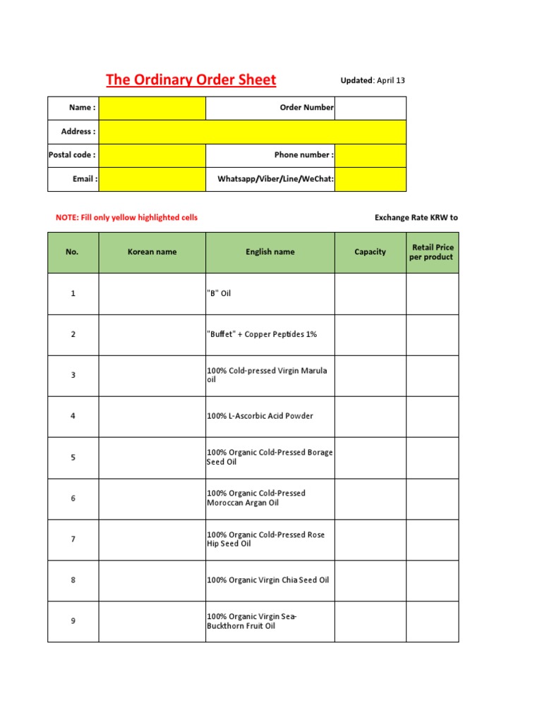 The Ordinary Order Sheet: A Comprehensive Listing of Skincare Products ...
