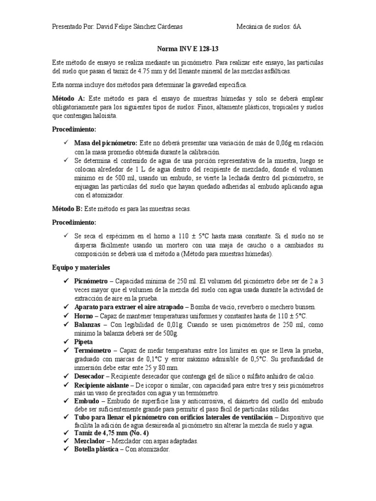Norma INV E-128-13 | PDF | Mecánica de suelos | Suelo