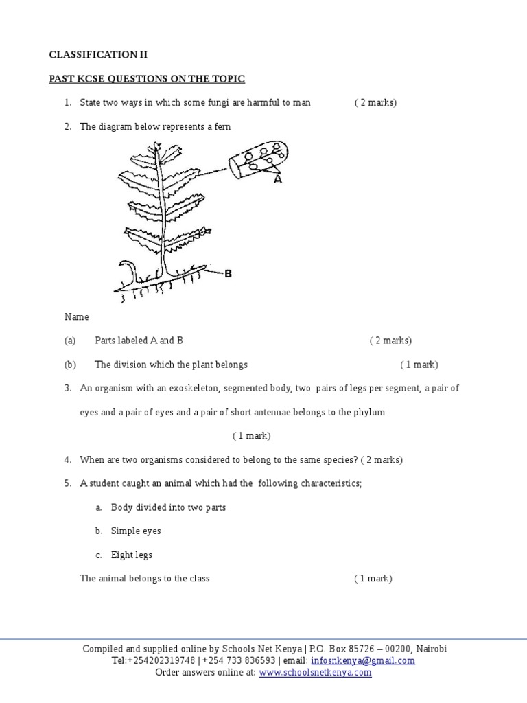 Classification Ii Past Kcse Questions On The Topic | PDF | Taxa | Organisms
