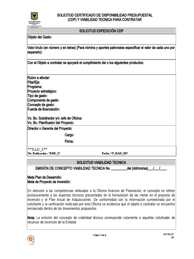 FM-07 Solicitud - de - CDP - y - Viabilidad - Tecnica V8 | PDF | Planificación | Economias
