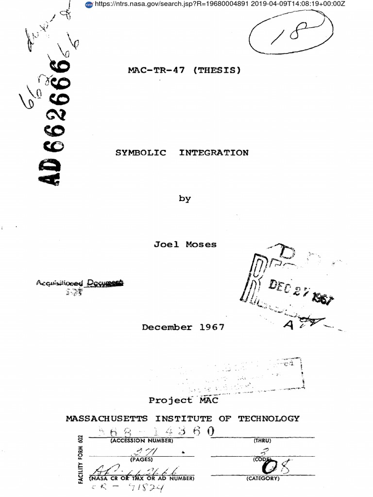 Symbolic Integration (1967) | PDF | Integral | Artificial Intelligence