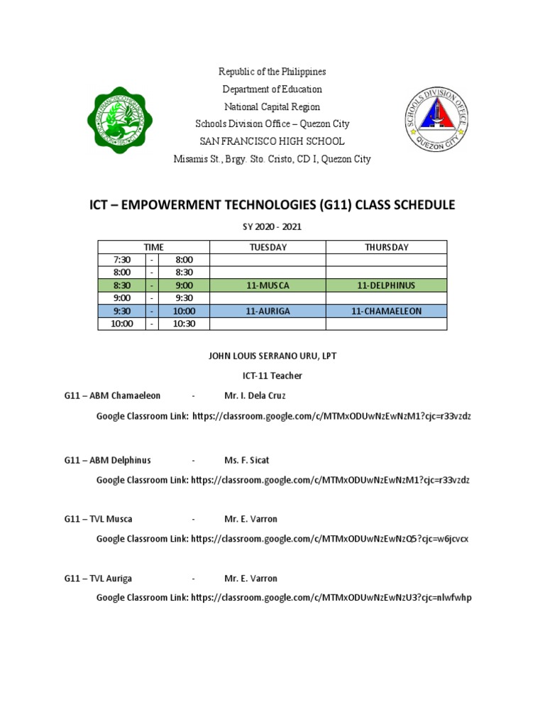 Ict - Empowerment Technologies (G11) Class Schedule | PDF